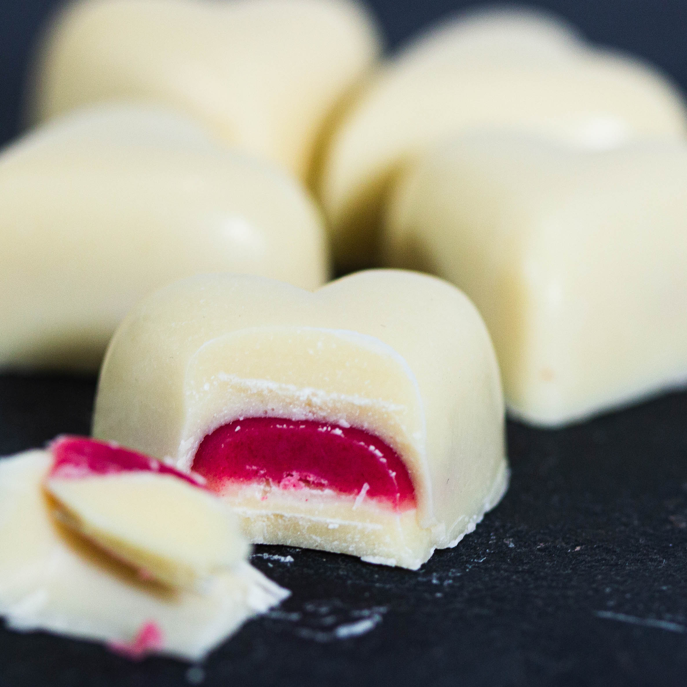 6 White, Raspberry Filled Hearts (box of 6 low sugar chocolates ...